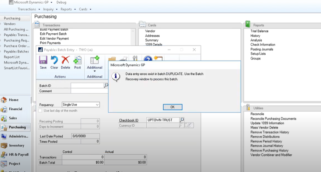 Batch Stuck In Posting Dynamics GP (Great Plains) How to Use Batch Recovery